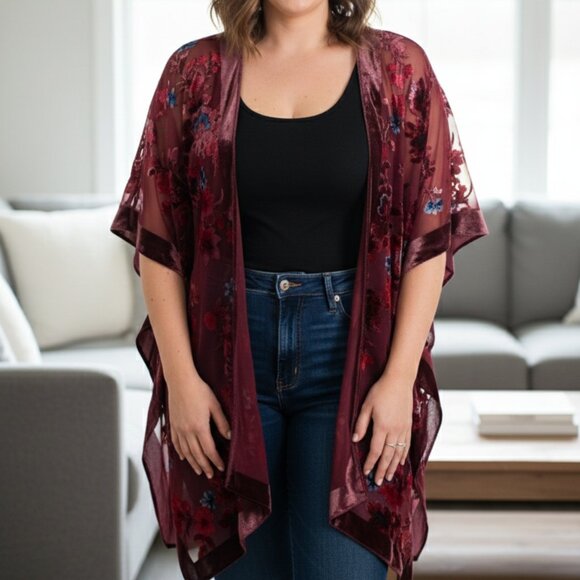 torrid | Tops | Torrid Burgundy Floral Burnout Velvet Kimono Duster ...